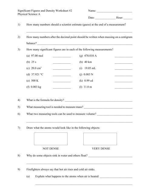 Significant Figures and Density Worksheet #2 Name: Physical ...