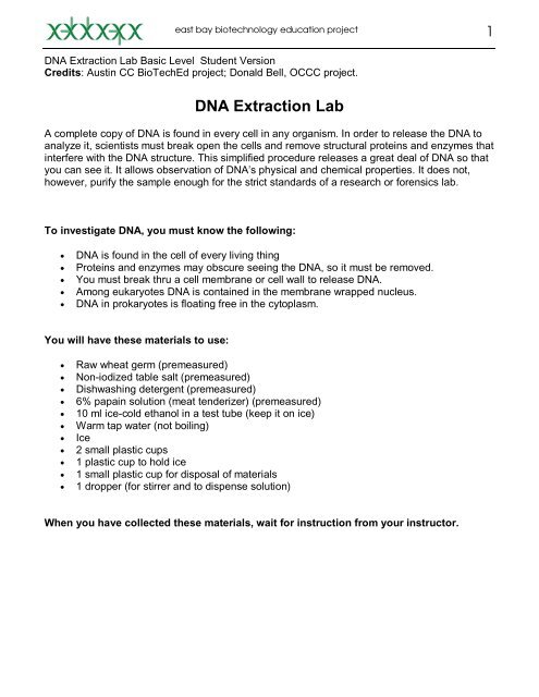 DNA Extraction Lab - East Bay Bioscience Educators Network