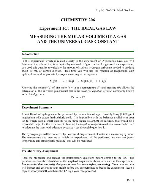 CHEMISTRY 206 Experiment 1C: THE IDEAL GAS LAW ...