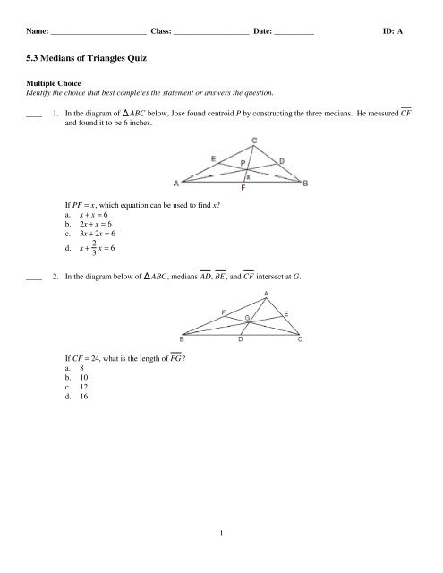 Quiz Worksheet Constructing The Median Of A Triangle
