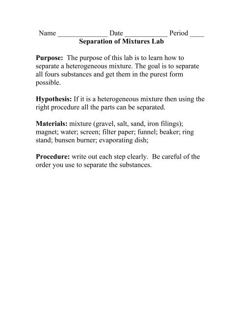 Separation of Mixtures Lab - Colina Middle School