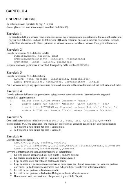 Esercizi sull'SQL (pdf, it, 249 KB, 7/8/13)