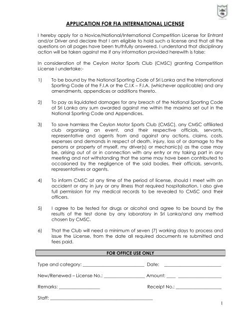 application for fia international license - The Ceylon Motor Sports Club