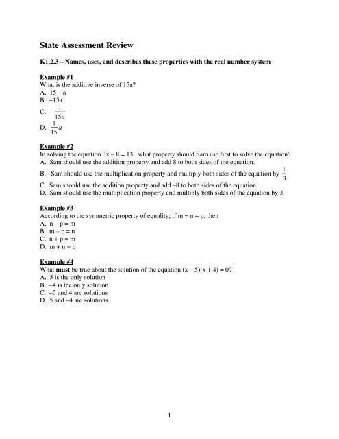 HS Mathematics State Assessment Review Worksheet