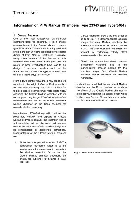 Information on PTW Markus Chambers Type 23343 and Type 34045