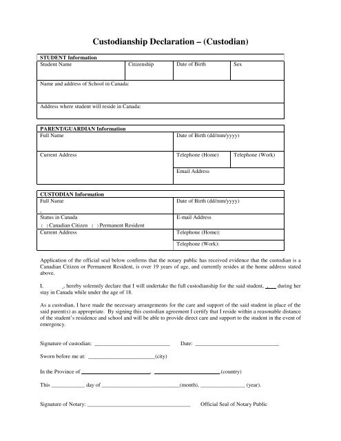 and Custodian Declaration (Custodian)