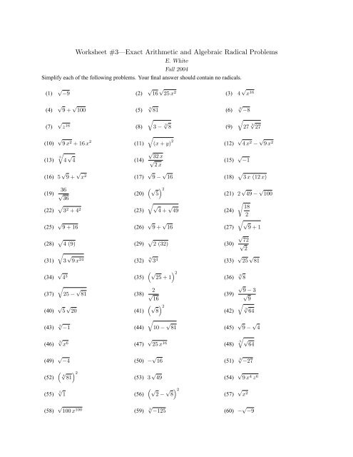 Worksheet #3â Exact Arithmetic and Algebraic Radical Problems