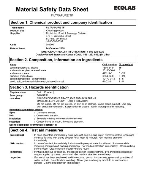 Filtrapure TF Powder Material Safety Data Sheet