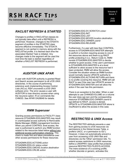 RSH RACF Tips - Volume 3, Issue 3 - RSH Consulting, Inc.