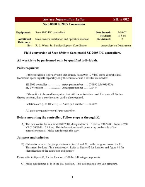 Service Information Letter SIL # 002 - Astec Inc.