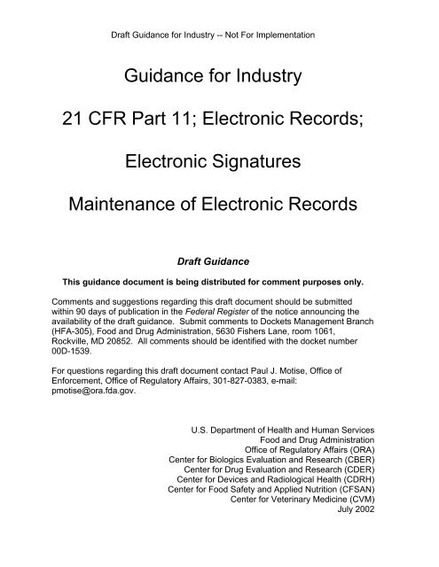Guidance For Industry 21 Cfr Part 11 Electronic Records