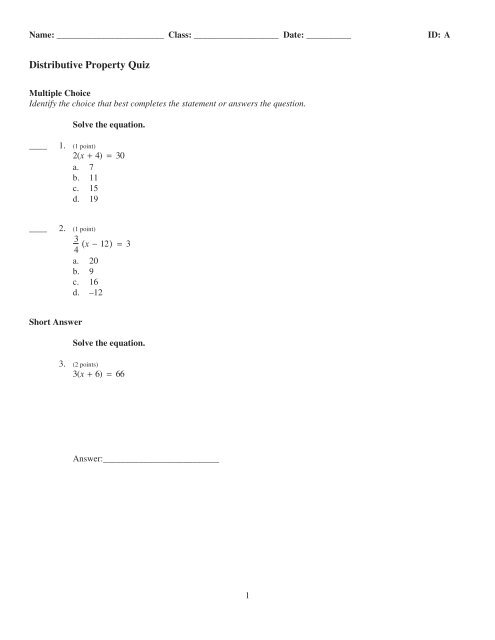 Distributive Property Quiz