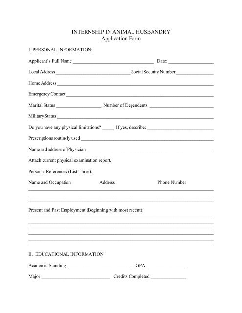 INTERNSHIP IN ANIMAL HUSBANDRY Application Form
