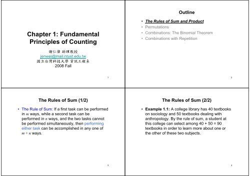 Chapter 1: Fundamental Principles of Counting - 國立台灣科技大學 Chapter 1: Fundamental Principles of Counting - 國立台灣科技大學