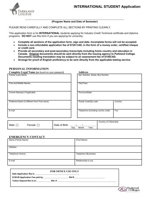 Printable Application Form - Parkland College