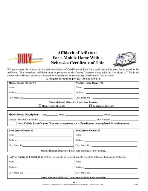 Affidavit of Affixture For a Mobile Home With a Nebraska Certificate ...