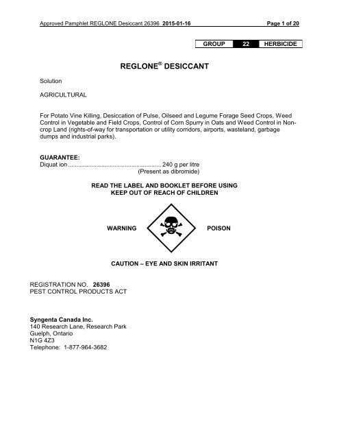 REGLONE DESICCANT - Syngenta Crop Protection