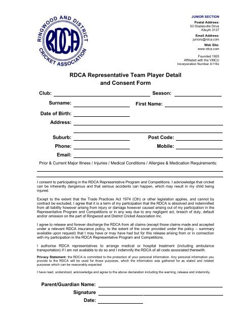RDCA Representative Team Player Detail and Consent Form