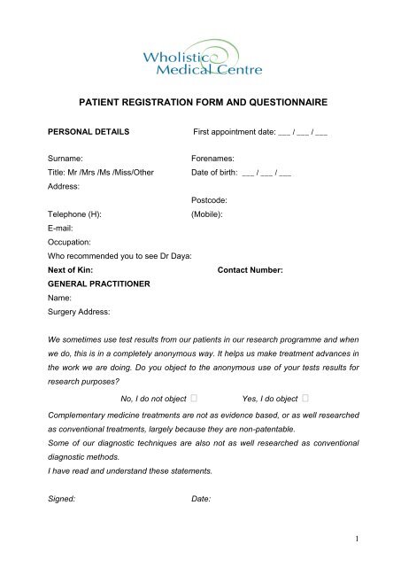 patient registration form and questionnaire - Wholistic Medical Centre
