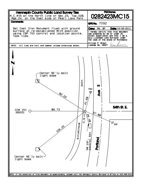 Hennepin County Public Land Survey Tie Sheet And Field Location