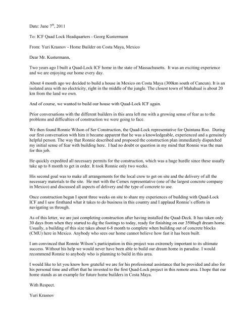Read the letter from Yuri Krasnov - Quad-Lock Building Systems