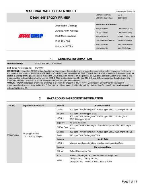 material safety data sheet d1001 545 epoxy primer - Awlgrip