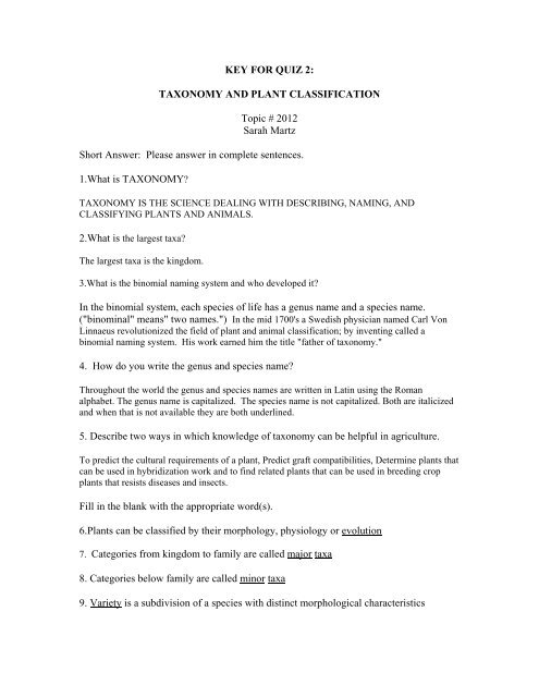 KEY FOR QUIZ 2: TAXONOMY AND PLANT CLASSIFICATION ...
