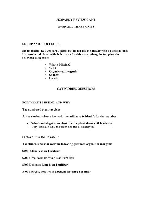 JEOPARDY REVIEW GAME OVER ALL THREE UNITS SET UP ...