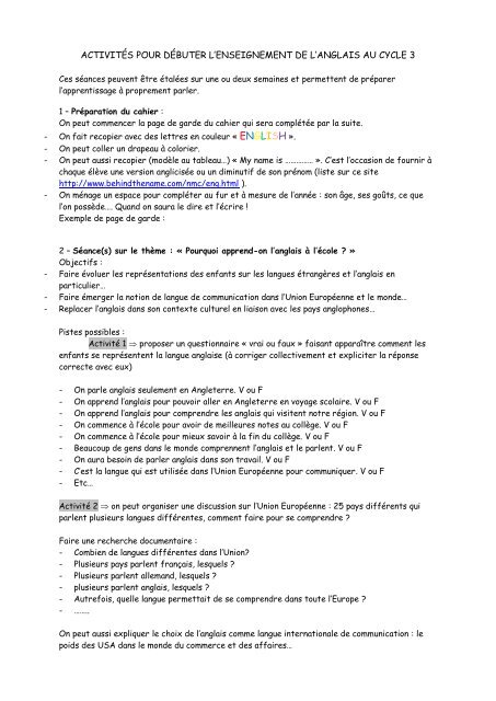 seances pour debuter l'enseignement de l'anglais au cycle 3
