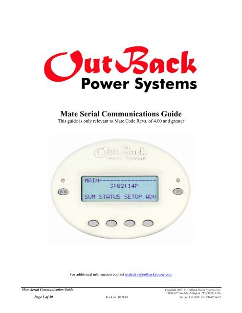 Mate Serial Communications Guide - OutBack Power Systems