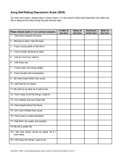 Zung Self-Rating Depression Scale (SDS) - Mental Health Ministries