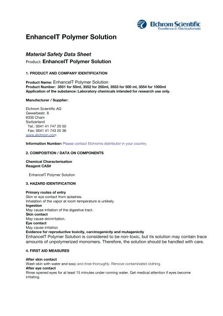 MSDS for EnhanceIT Polymer Solution - Elchrom Scientific AG