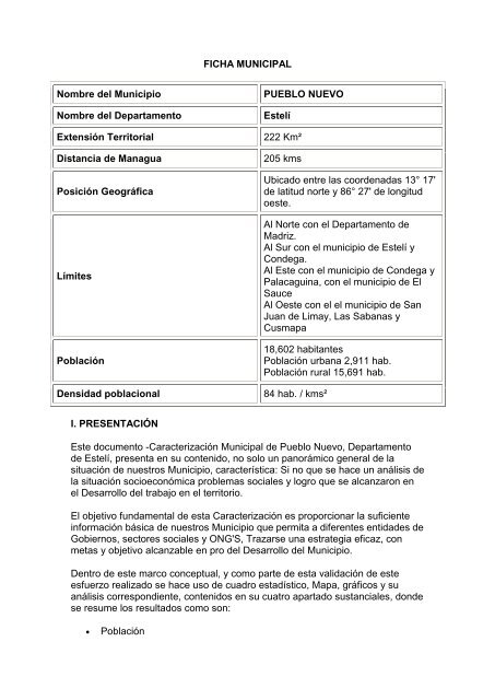 FICHA MUNICIPAL Nombre del Municipio PUEBLO NUEVO ...