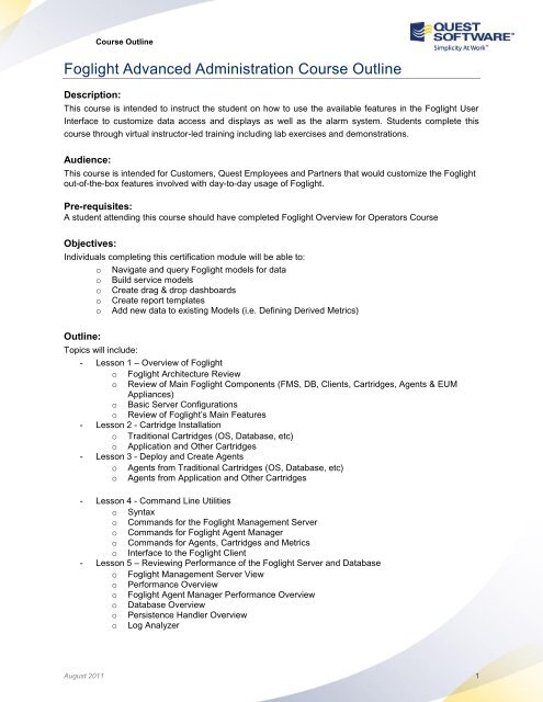 Foglight Advanced Administration Course Outline