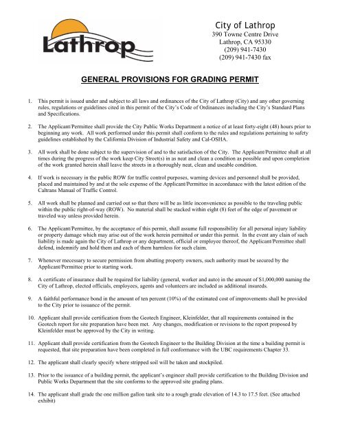 Grading Permit Application - City of Lathrop