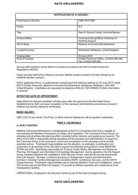 FORMAT FOR MILITARY AND CIVILIAN JOB DESCRIPTIONS - Nato