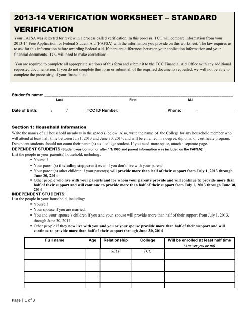 2013-14 VERIFICATION WORKSHEET â STANDARD VERIFICATION