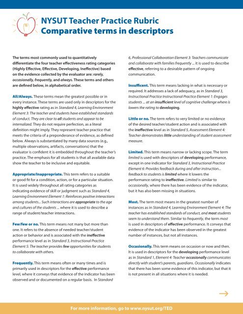 Comparative terms in descriptors NYSUT Teacher Practice Rubric