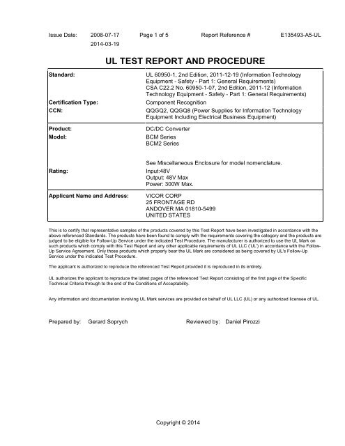UL TEST REPORT AND PROCEDURE - Vicor