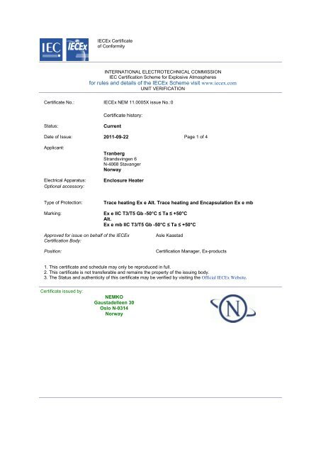 IEC EX Certificate - Tranberg