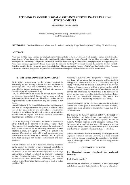 applying transfer in goal-based interdisciplinary learning environments