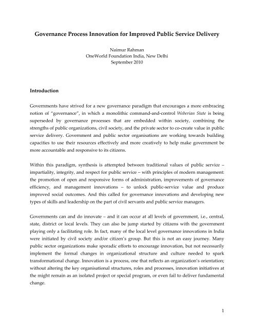 Governance Process Innovation for Improved Public Service Delivery