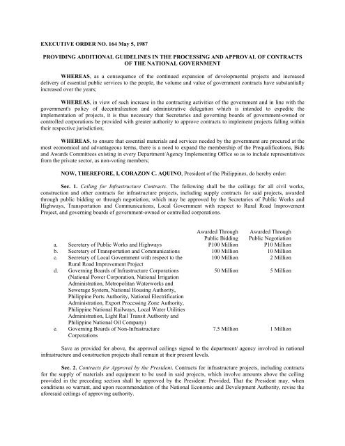EXECUTIVE ORDER NO. 164 May 5, 1987 PROVIDING ... - GPPB
