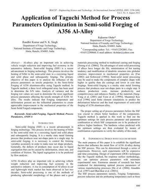 Application Of Taguchi Method For Process Parameters Optimization