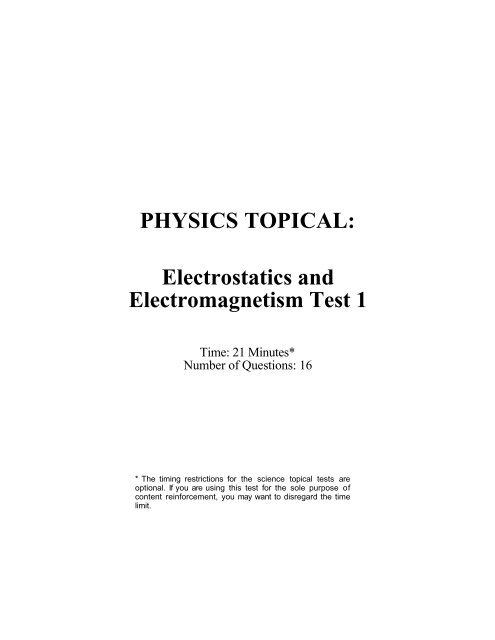 PHYSICS TOPICAL: Electrostatics and Electromagnetism Test 1