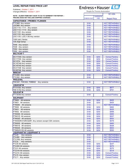 LEVEL REPAIR FIXED PRICE LIST - Endress + Hauser