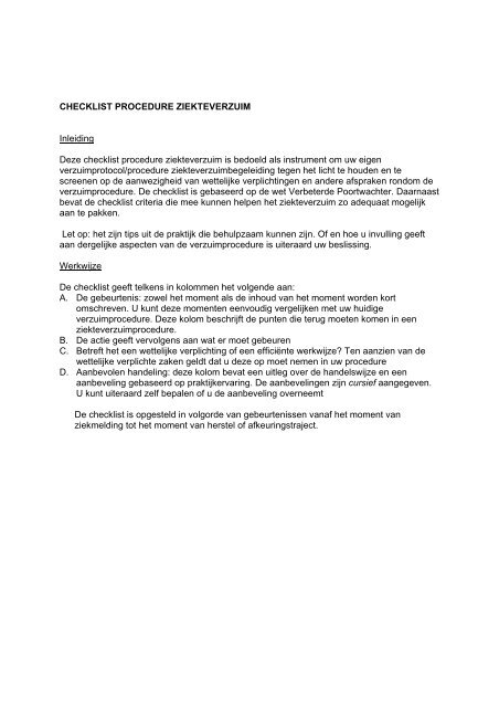 Checklist procedure ziekteverzuim - Arbo WSW