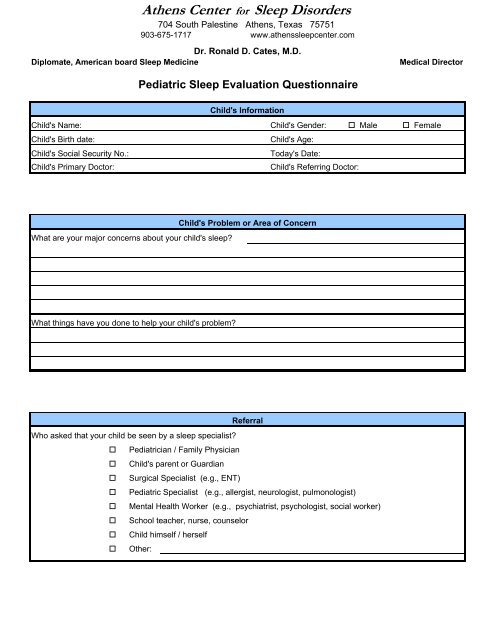 Pediatric Sleep Evaluation Questionnaire - Athens Sleep Center ...