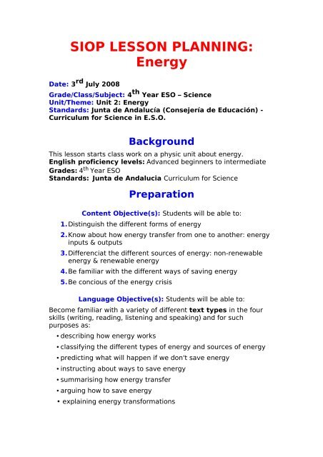 SIOP LESSON PLANNING: Energy SIOP LESSON PLANNING: Energy