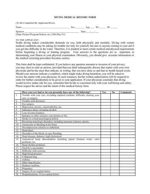 Diving Medical History Form
